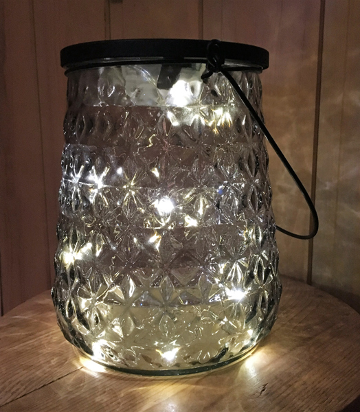 Lykt i mønstret glass, grå, med ledlys - Nettbutikken Sonte
